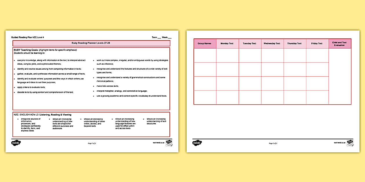 New Zealand Ruby Level Weekly Reading Plan (teacher made)