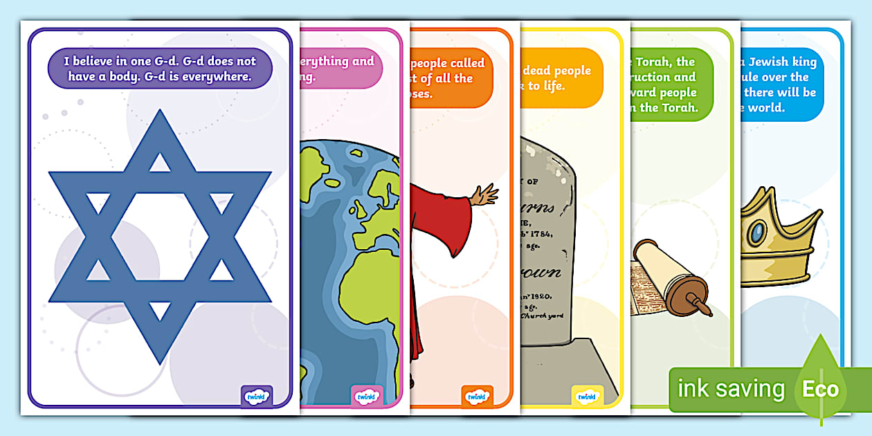 Display posters explaining the main beliefs of Jewish people