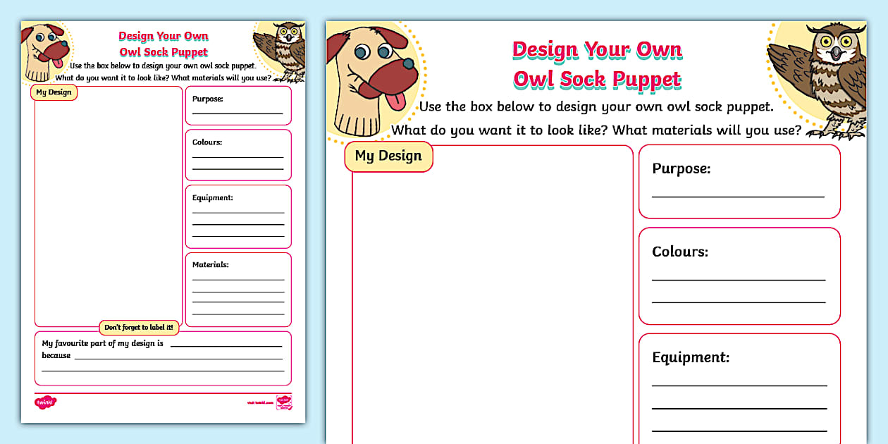 Design Your Own Owl Sock Puppet Worksheet (teacher made)