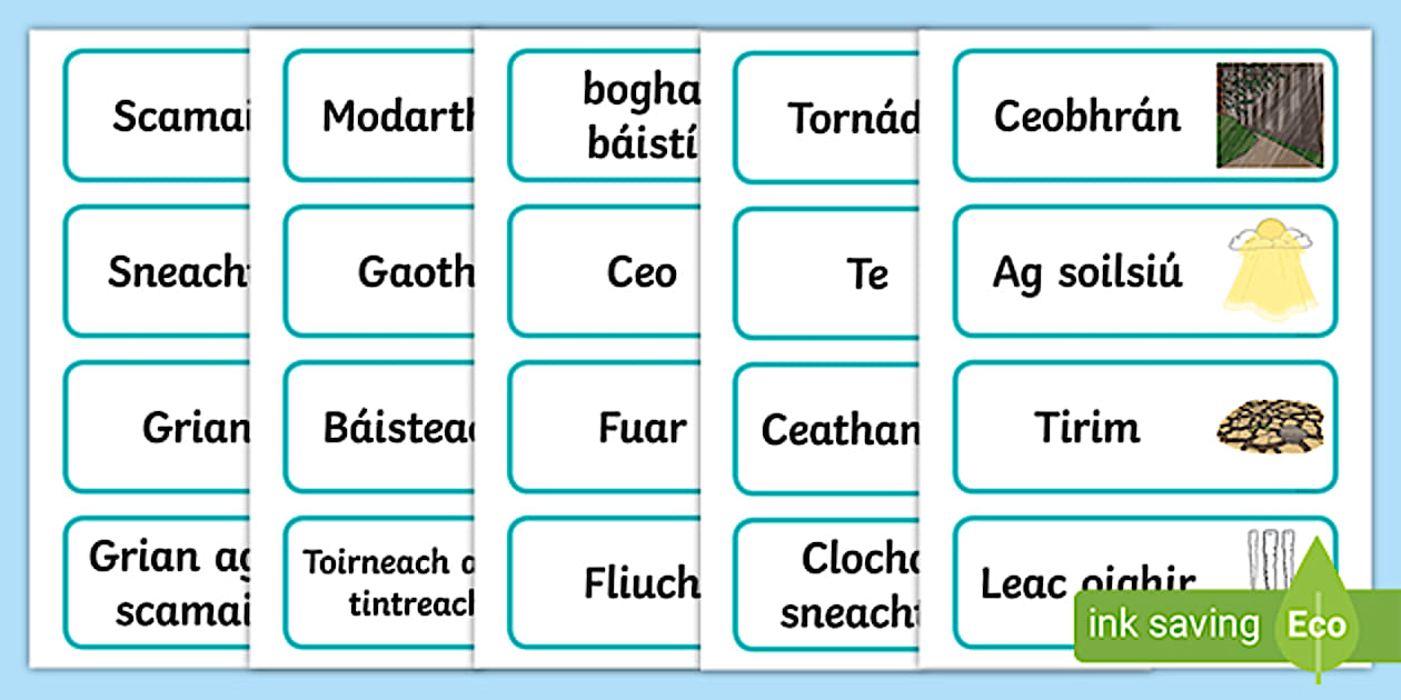 Junior Cycle Irish Words for Weather | Cártaí Focal | Gaeilge | Twinkl
