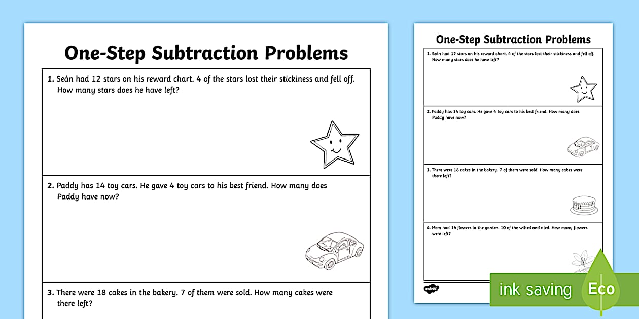 One-Step Subtraction Problems Worksheet (teacher made)