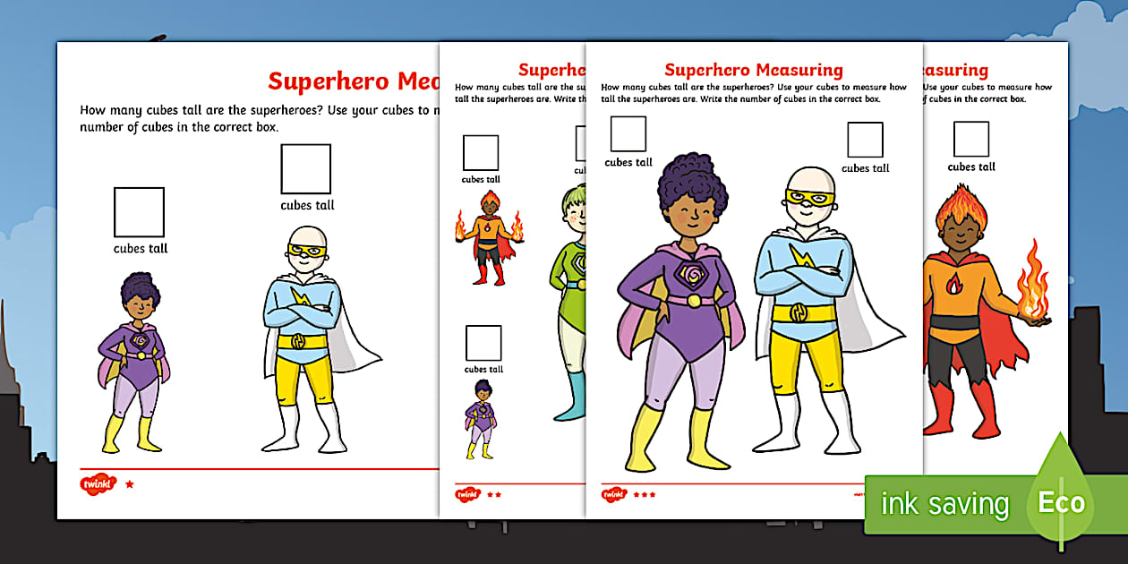 Precursive Superhero Measuring with Cubes Differentiated Worksheet