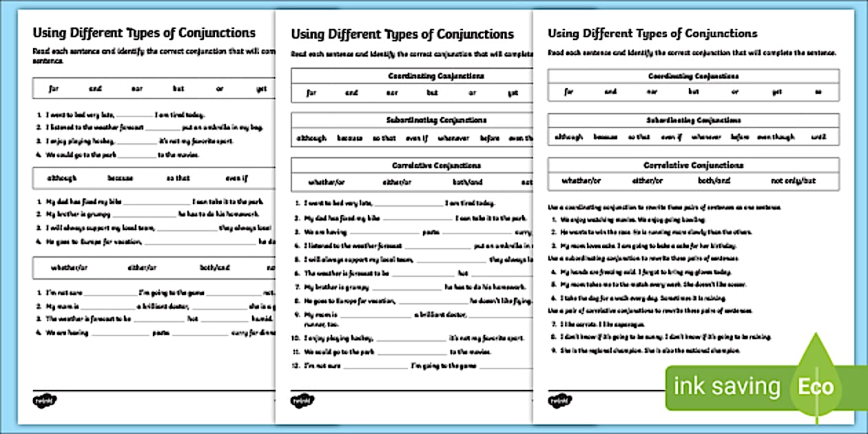 Types of Conjunctions Differentiated Worksheets for 3rd-5th Grade
