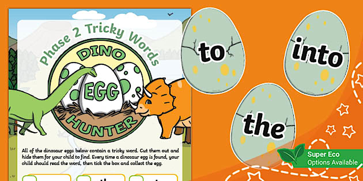 Phase 2 Tricky Words Dinosaur Egg Hunt (teacher made)
