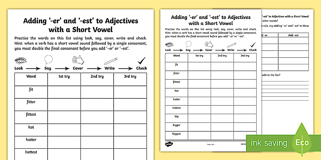 Year 2 Spelling Practice Adding '-er' and '-est' to Adjectives with a Short
