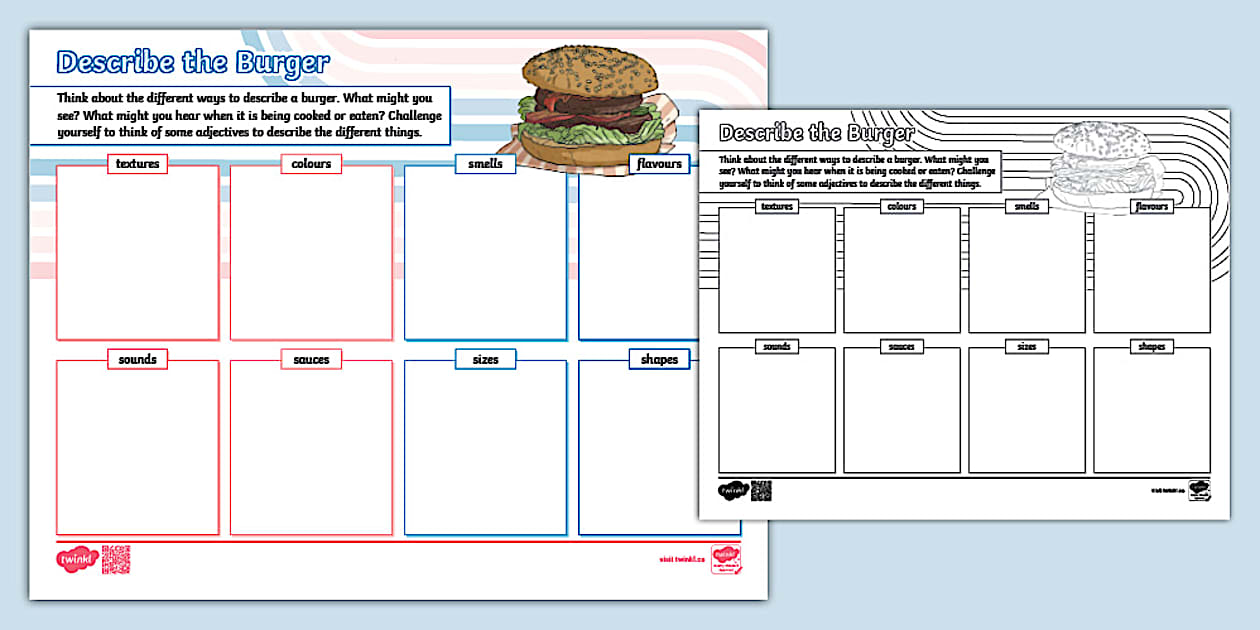 Burger Adjectives Worksheet (teacher made) - Twinkl