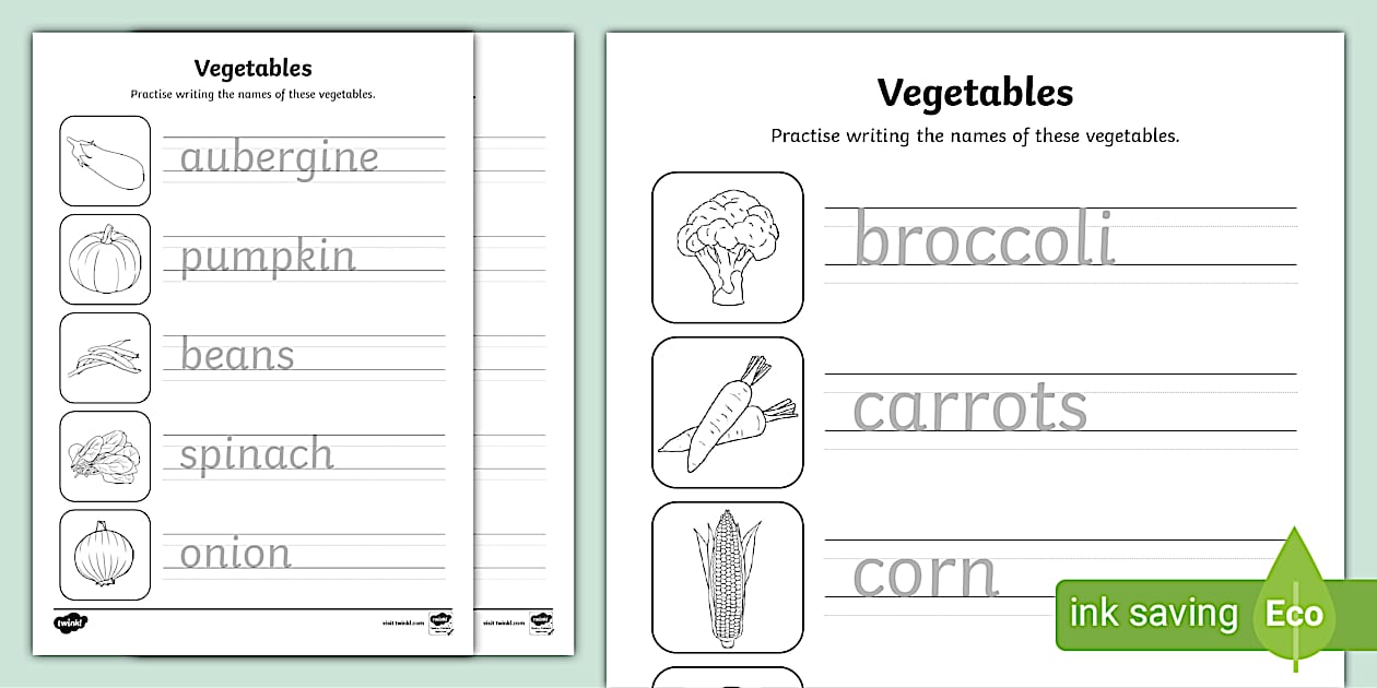 Cursive Vegetable Names Pencil Control Activity Sheets