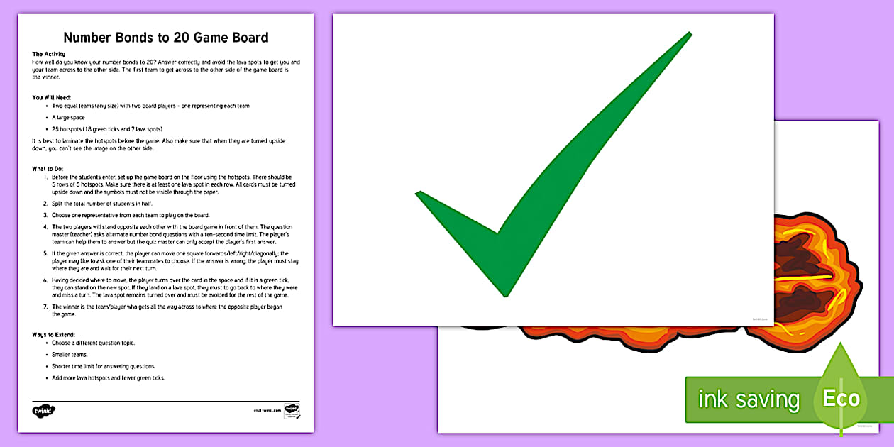 Number Bonds to 20 Game Board Activity (Teacher-Made)