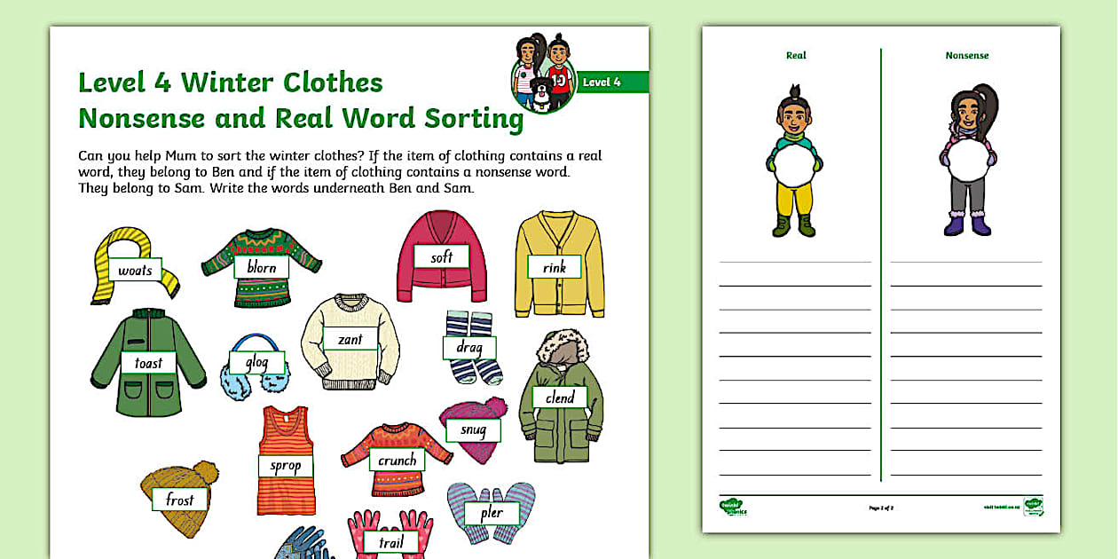 Level 4 Winter Clothes Nonsense and Real Word Sorting
