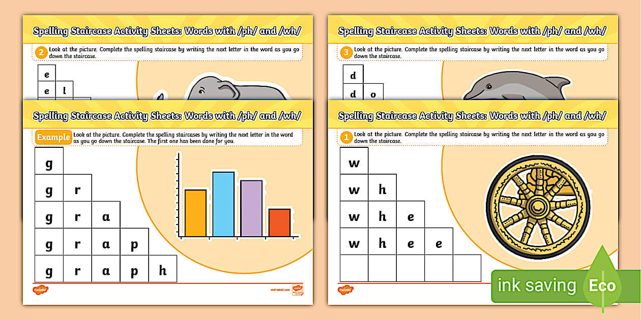Staircase Spelling Words -Wh and -Ph Sounds– KS1 - Twinkl