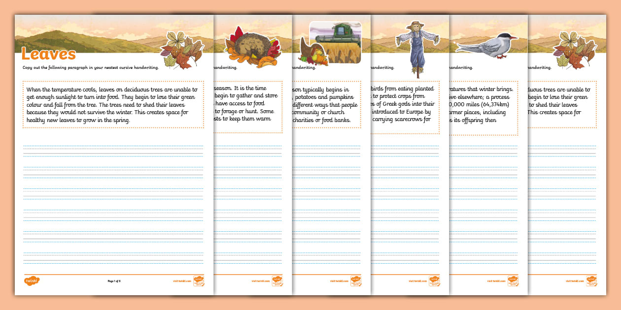 KS2 Autumn Handwriting Practice Cursive Paragraphs - Twinkl
