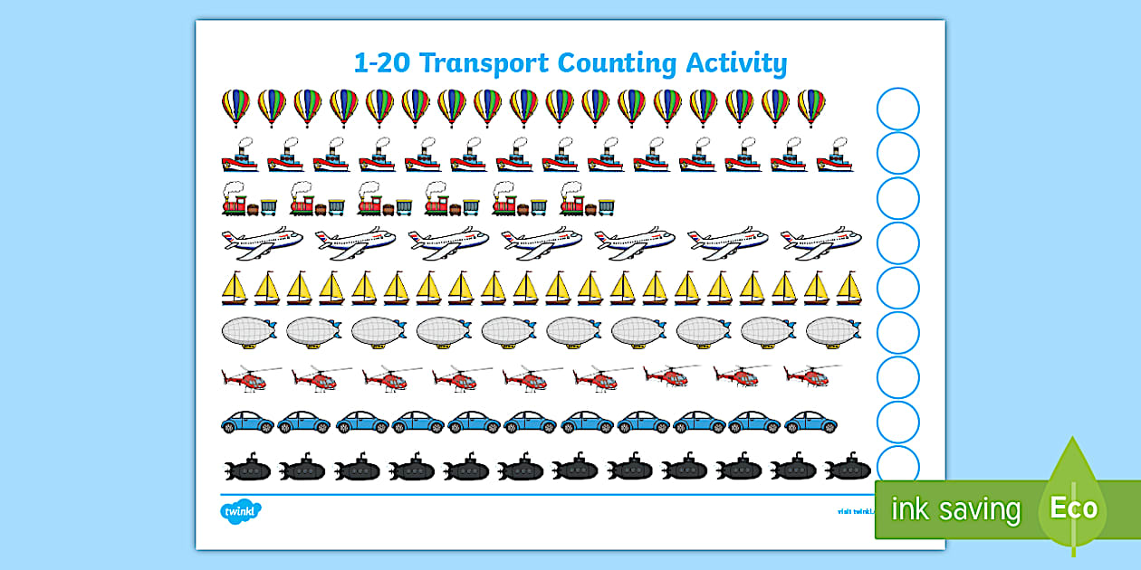 Transport Counting Worksheet - 1 to 20 (teacher made)