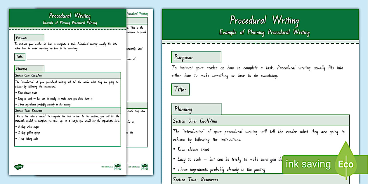 Level 3 Writing - Procedural Planning Sheet with Exemplar