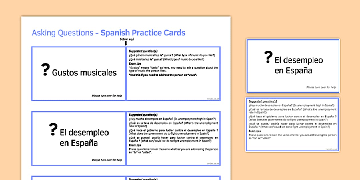 Black and White GCSE Spanish Asking Questions Practice Cards Higher