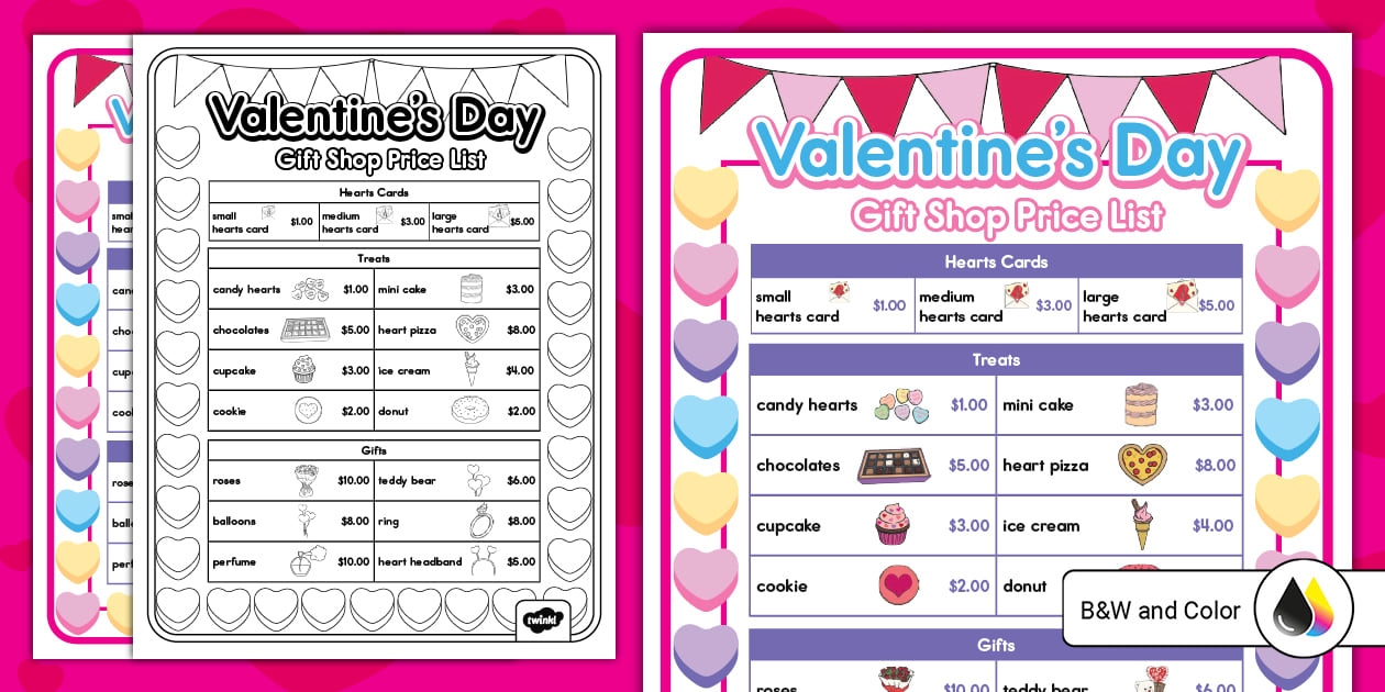 Valentine's Day Gift Shop Dramatic Play Price List - Twinkl
