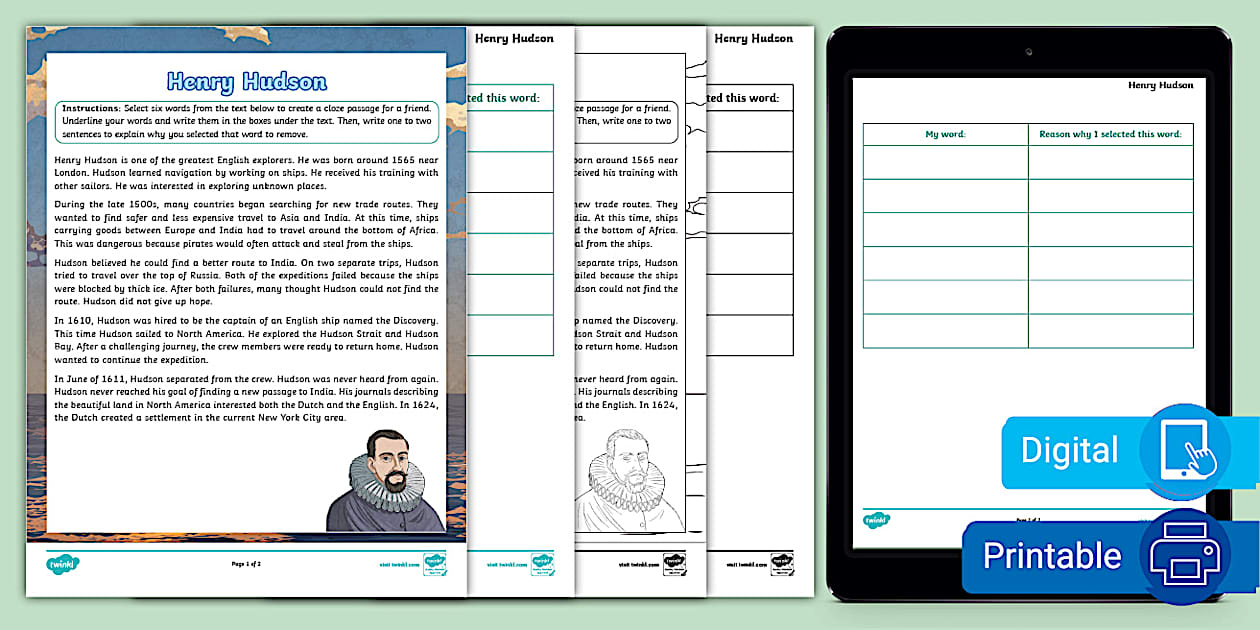 Third Grade Henry Hudson Reverse Cloze Worksheet - Twinkl