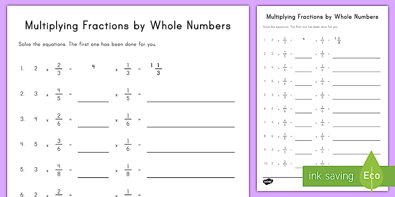 Multiplying Fraction Multiples by Whole Numbers Worksheet for 3rd-5th Grade
