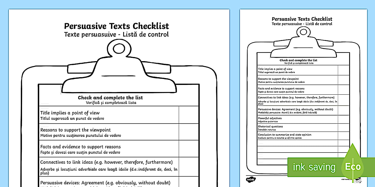 Persuasive Texts Checklist Romanian/English - Persuasive Texts Checklist
