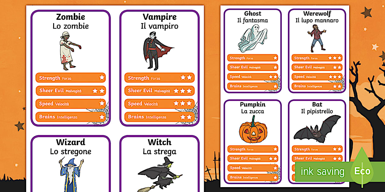 Halloween Character Card Game English/Italian - Twinkl
