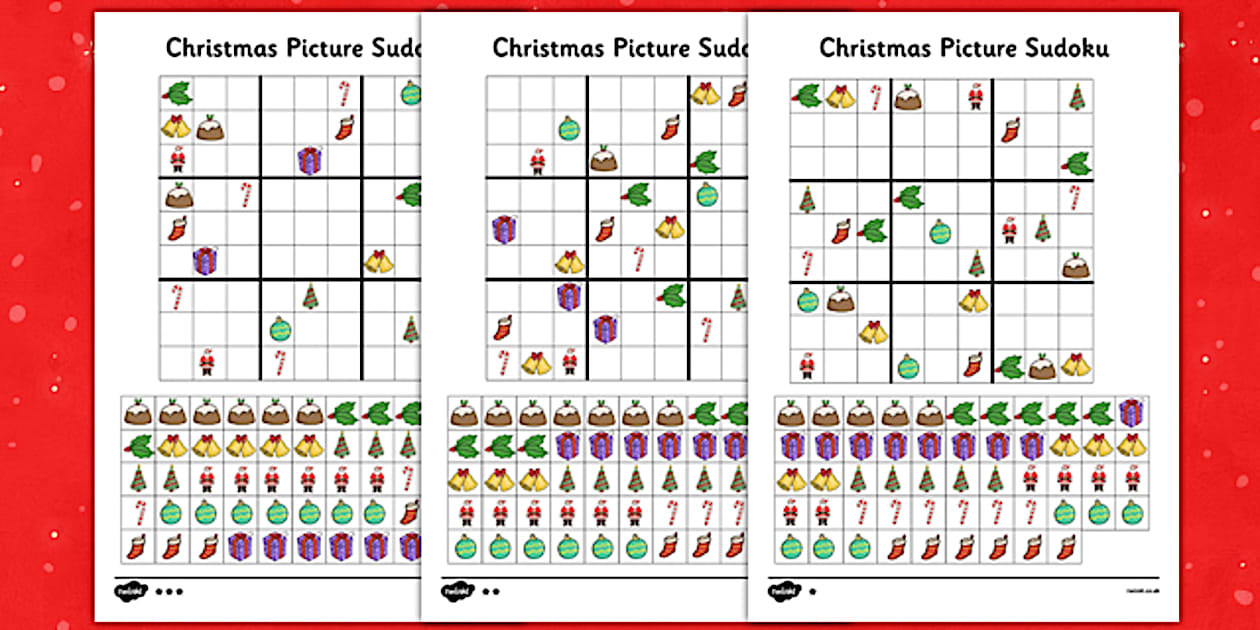 Black and White Christmas Picture Sudoku 9x9 - Twinkl