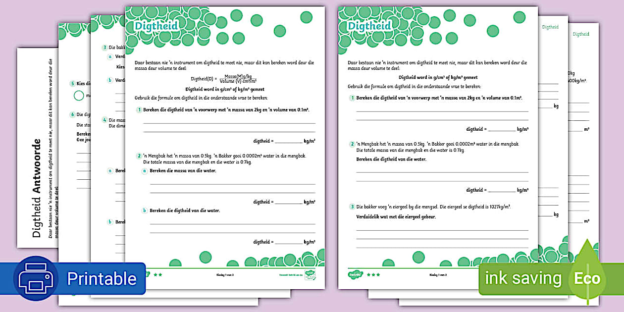 Bereken Digtheid Werkkaarte (ティーチャーメイド)