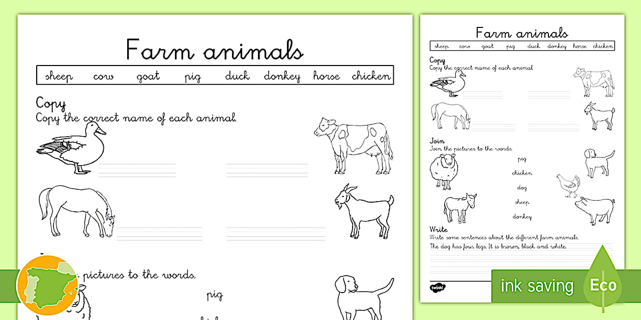 Editable A1 Ficha de actividad: Los animales de la granja en inglés