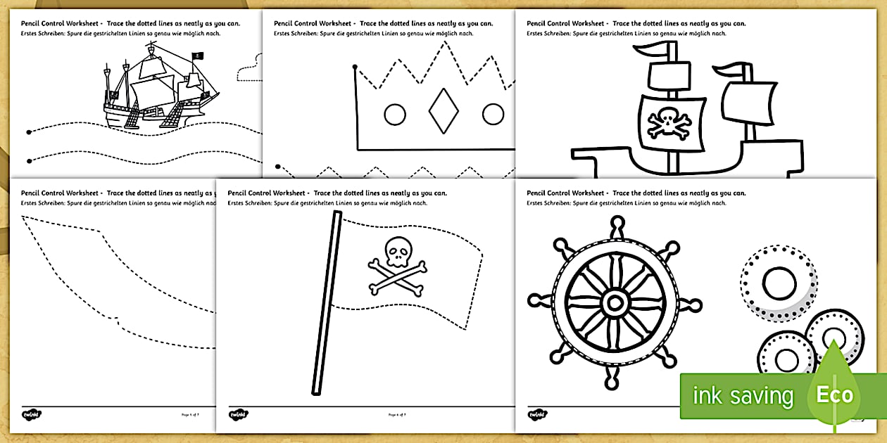 Pirate Themed Pencil Control Worksheet / Worksheets English/German - Pirate
