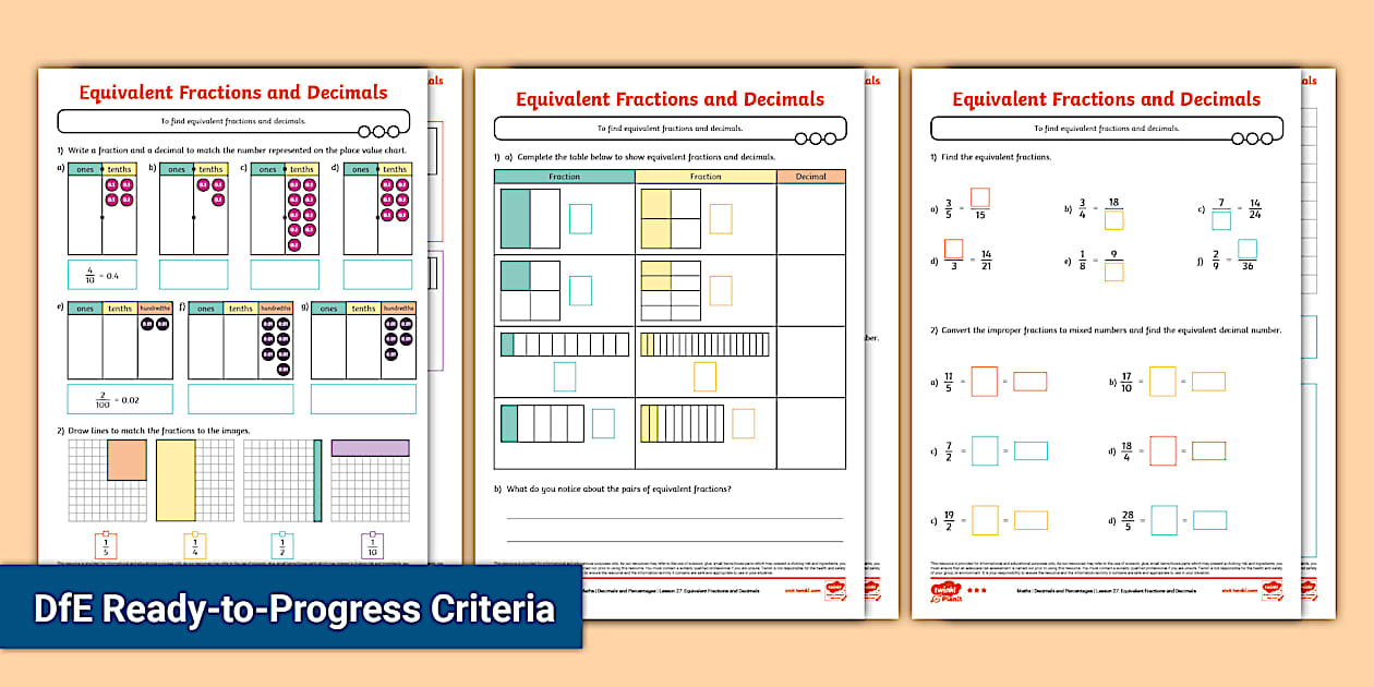 👉 Equivalent Fractions and Decimals Differentiated Maths Worksheets