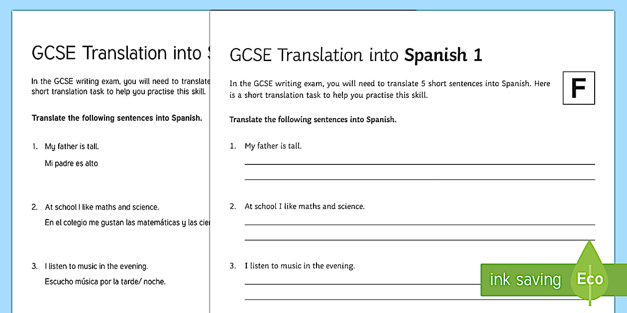 GCSE Translation into Spanish Foundation Tier 1 Worksheet / Worksheet