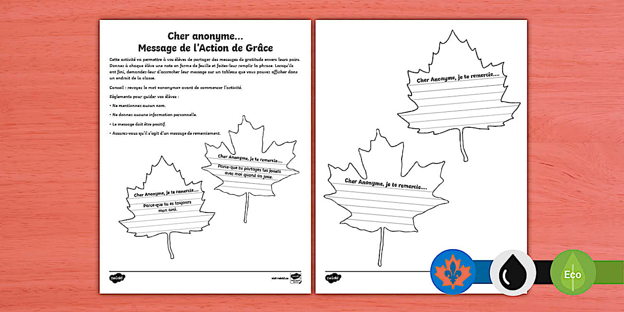 Dear Anonymous Thanksgiving Message Activity French - Twinkl