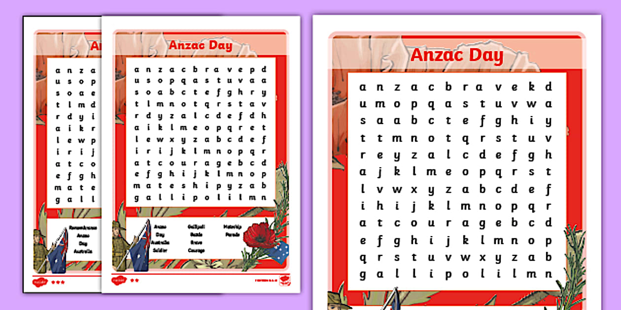 Crash Course Podcast Anzac Day Differentiated Word Search