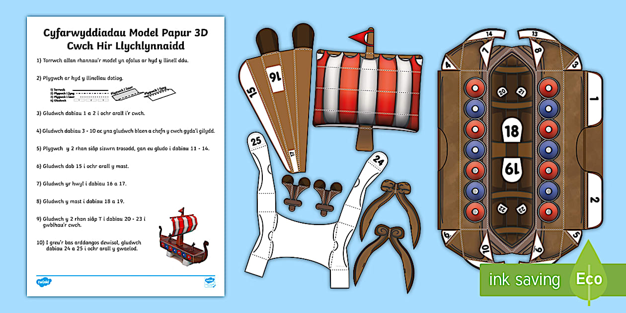 Model Papur 3D Cwch Hir Llychlynnaidd
