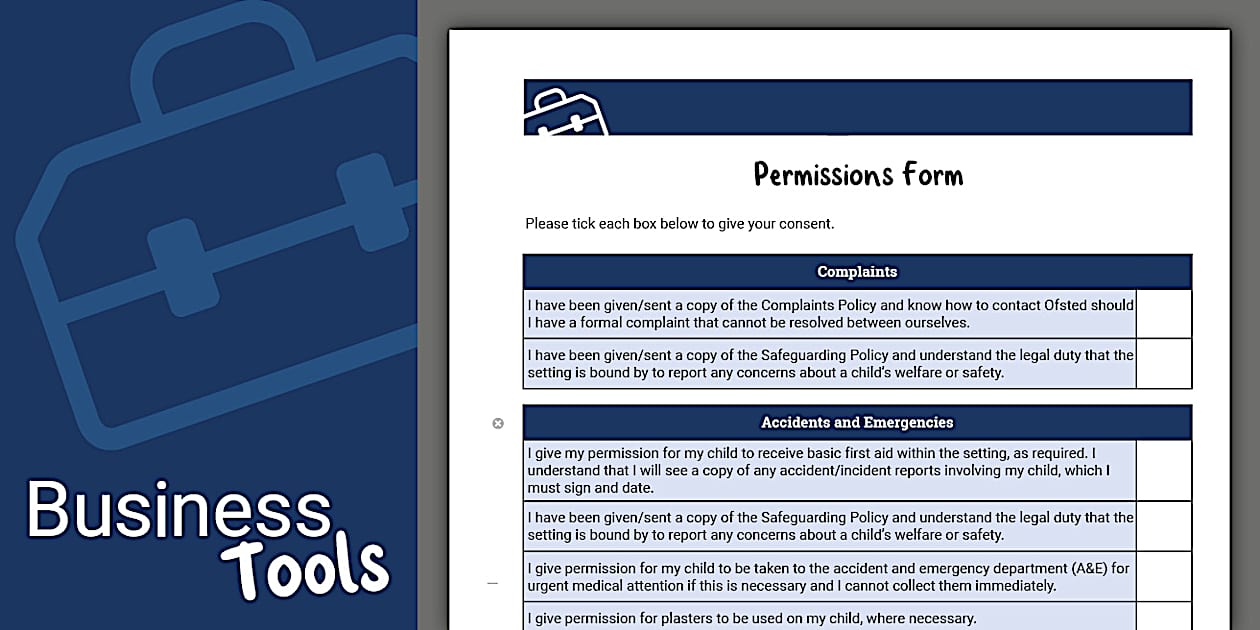 Permissions Form for Private Early Years Settings - Twinkl