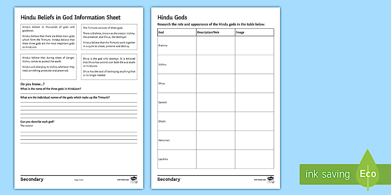 The Hindu Belief in God Worksheet / Worksheets - Twinkl