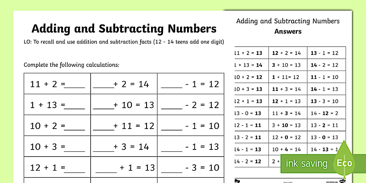 Number Facts Worksheet 12-14 Teens Add One Digit - Twinkl