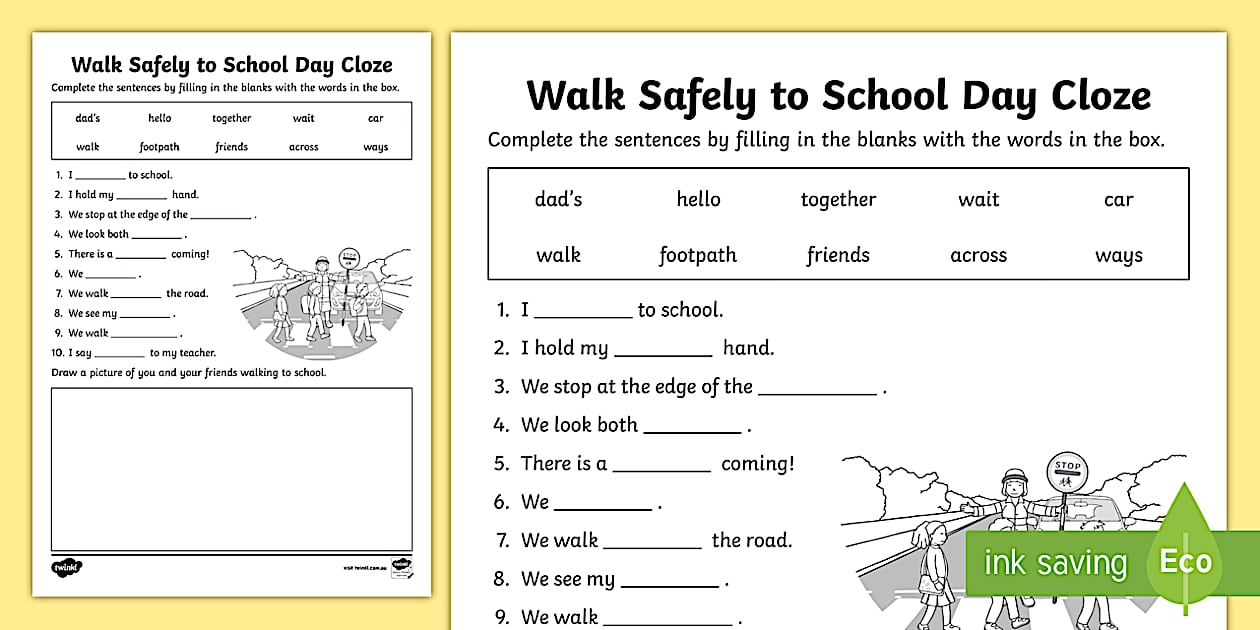 TAS Walk Safely to School Day Cloze Worksheet - Twinkl