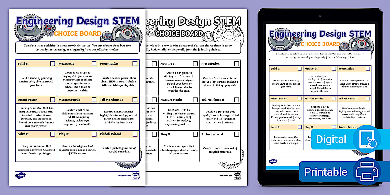 Engineering Design STEM Choice Board for 6th-8th Grade