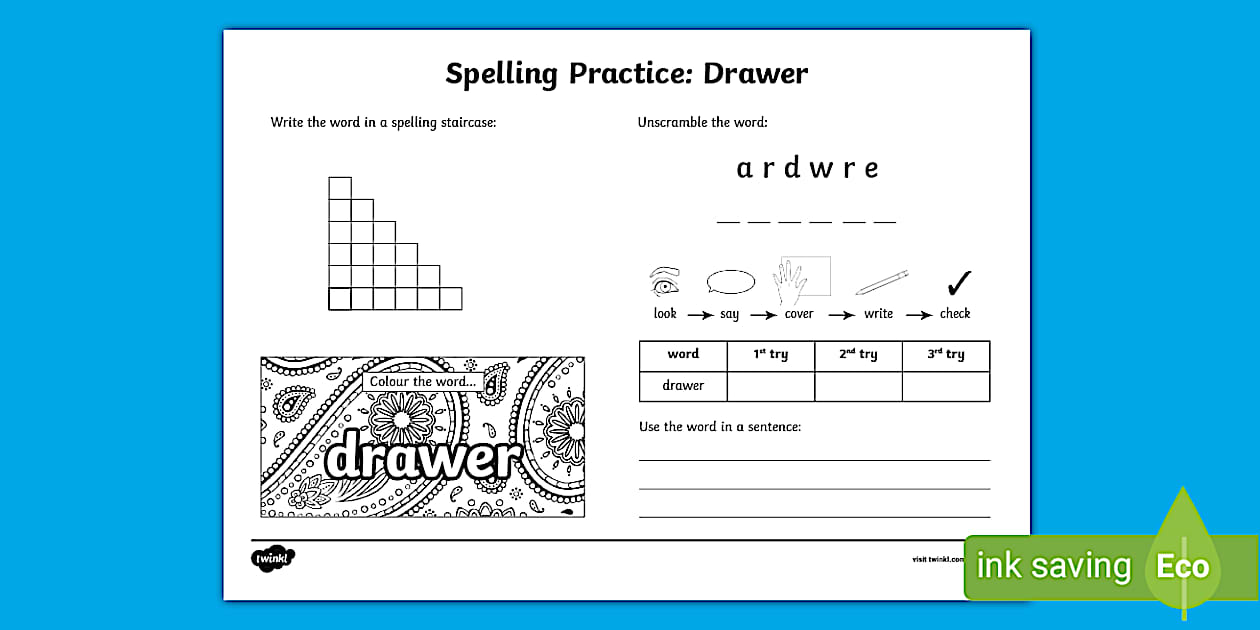 Drawer Spelling Practice Worksheet (Teacher-Made) - Twinkl