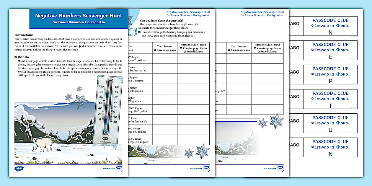 Negative Numbers Scavenger Hunt – Sepedi (teacher made)