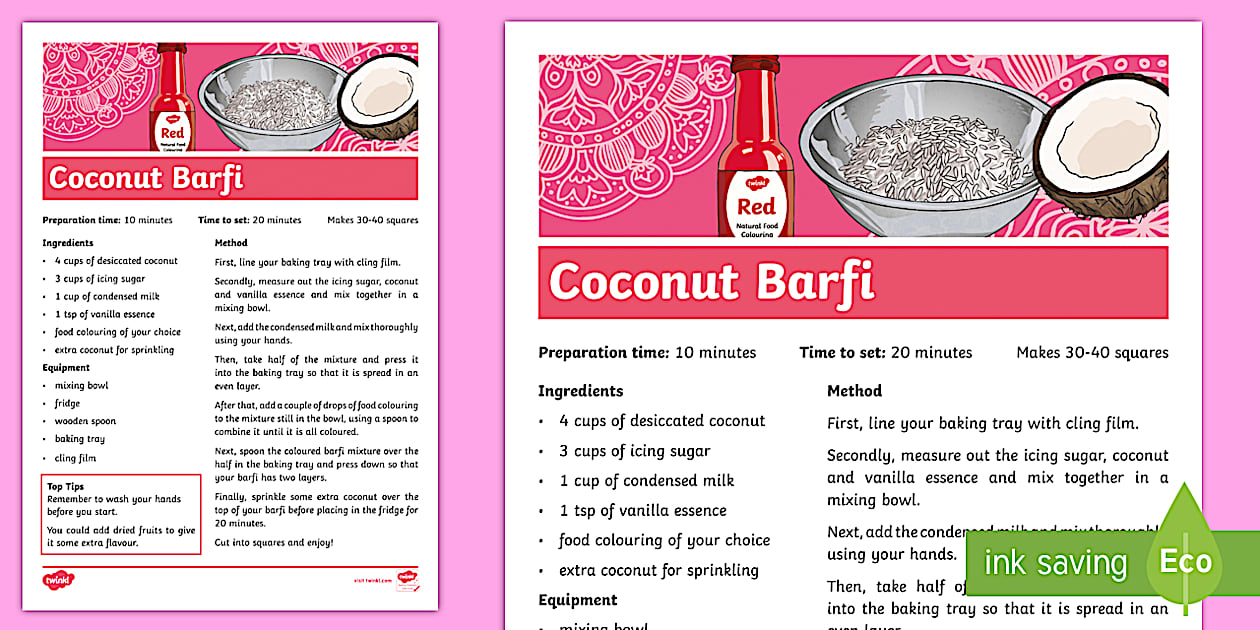 KS2 Coconut Barfi Recipe Activity (teacher made) - Twinkl