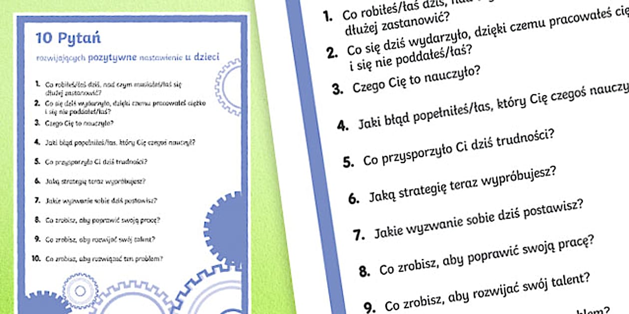 Plakat 10 pytań rozwijających pozytywną postawę po polsku