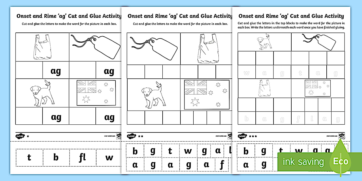 'ag' Onset and Rime Differentiated Worksheet (teacher made)