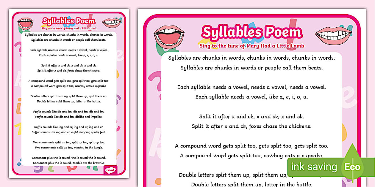 Syllables Poem (teacher made) - Twinkl