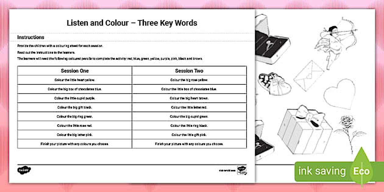 Listen and Colour Valentine's 3 Key Words Older Learners