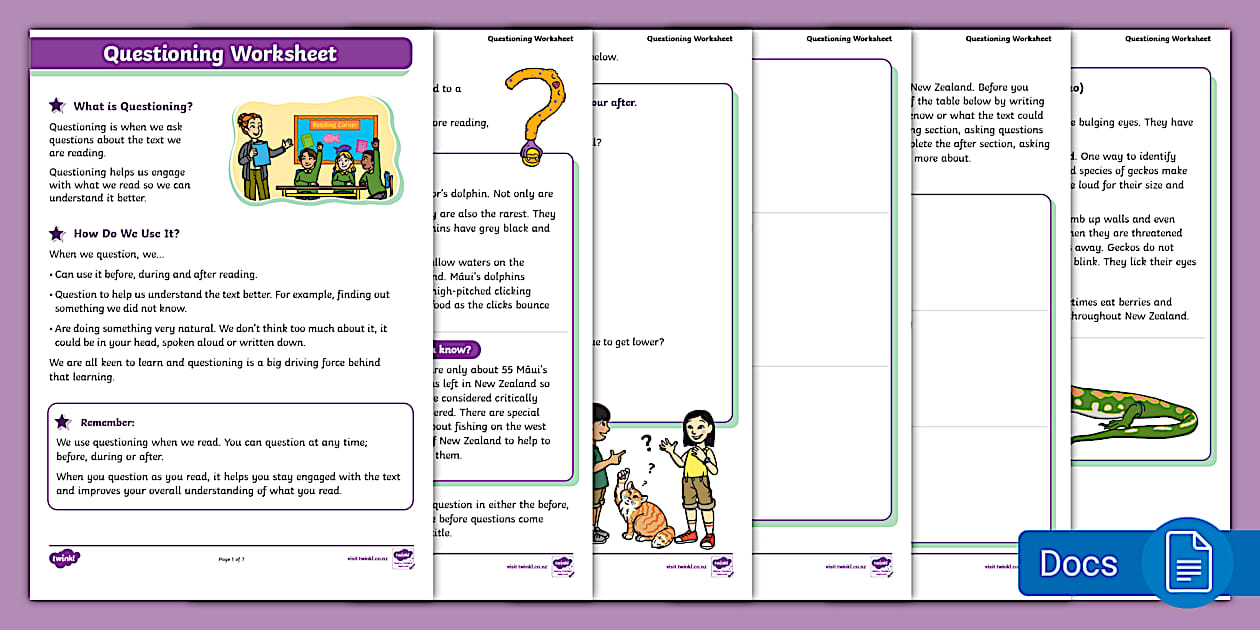 Reading Comprehension Skills: Questioning Worksheet (Year 3-4)