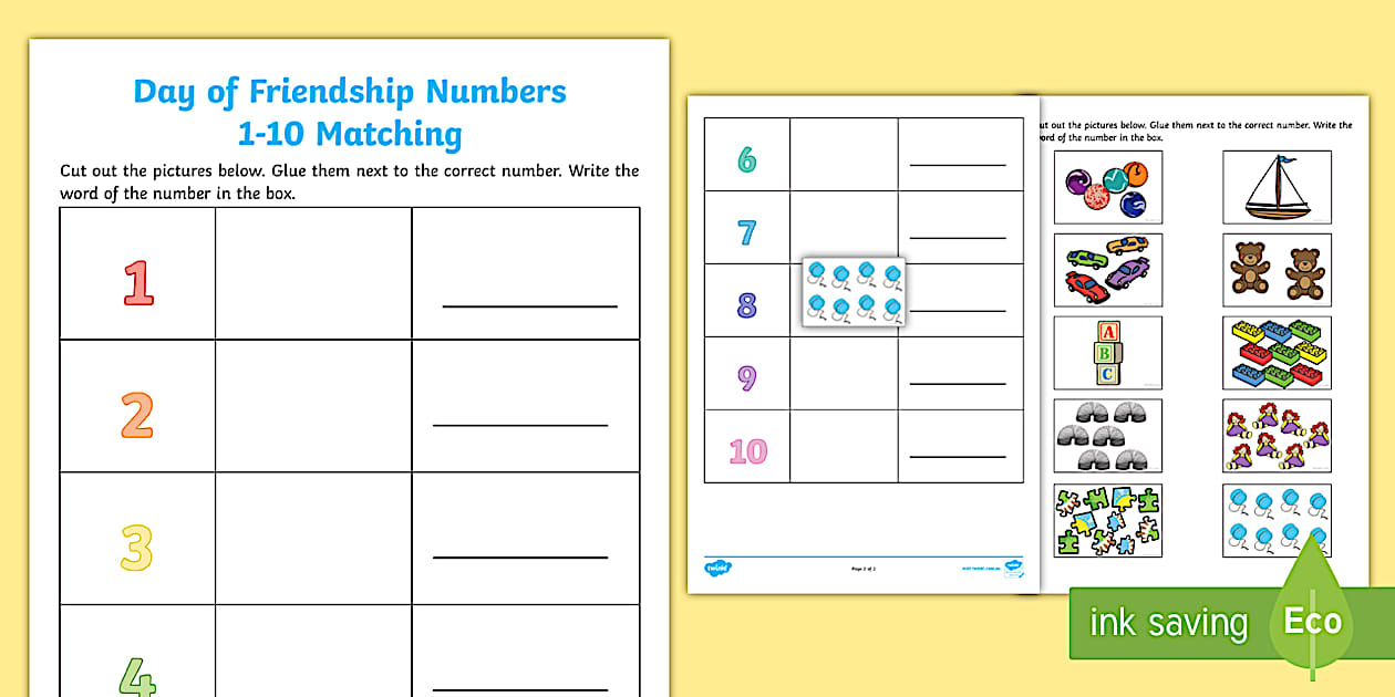International Day of Friendship Number Matching Worksheet