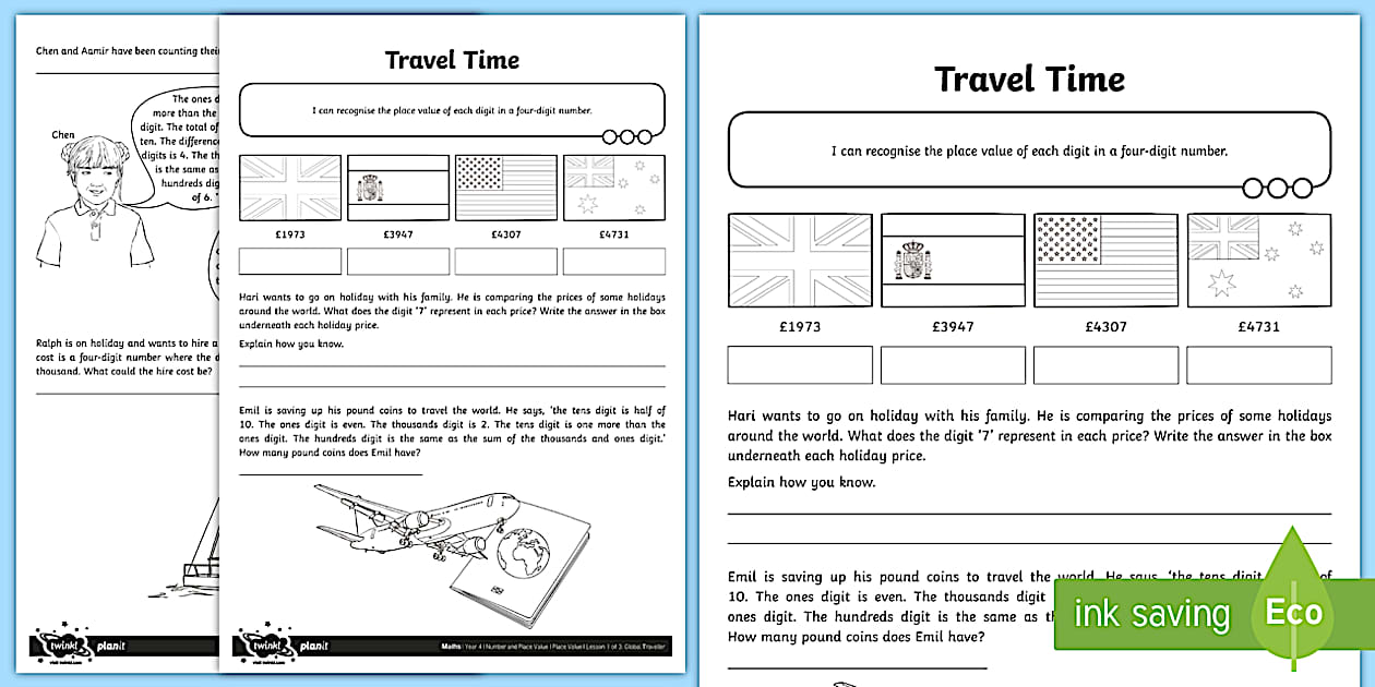 Place Value Four-Digit Numbers Travel Time Worksheet / Worksheet