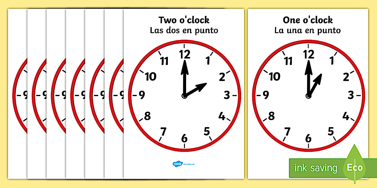 Hourly Clocks Display Posters English/Spanish - Analogue Clocks - Hourly O'