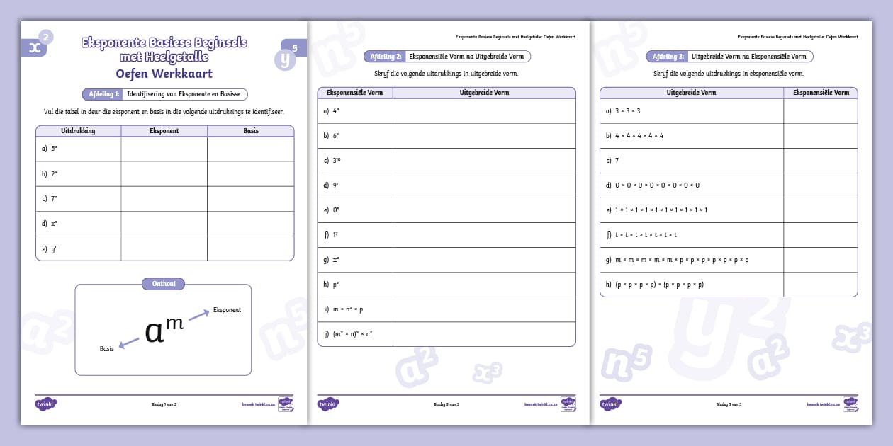 Eksponente Basiese Beginsels met Heelgetalle Oefen Werkkaart