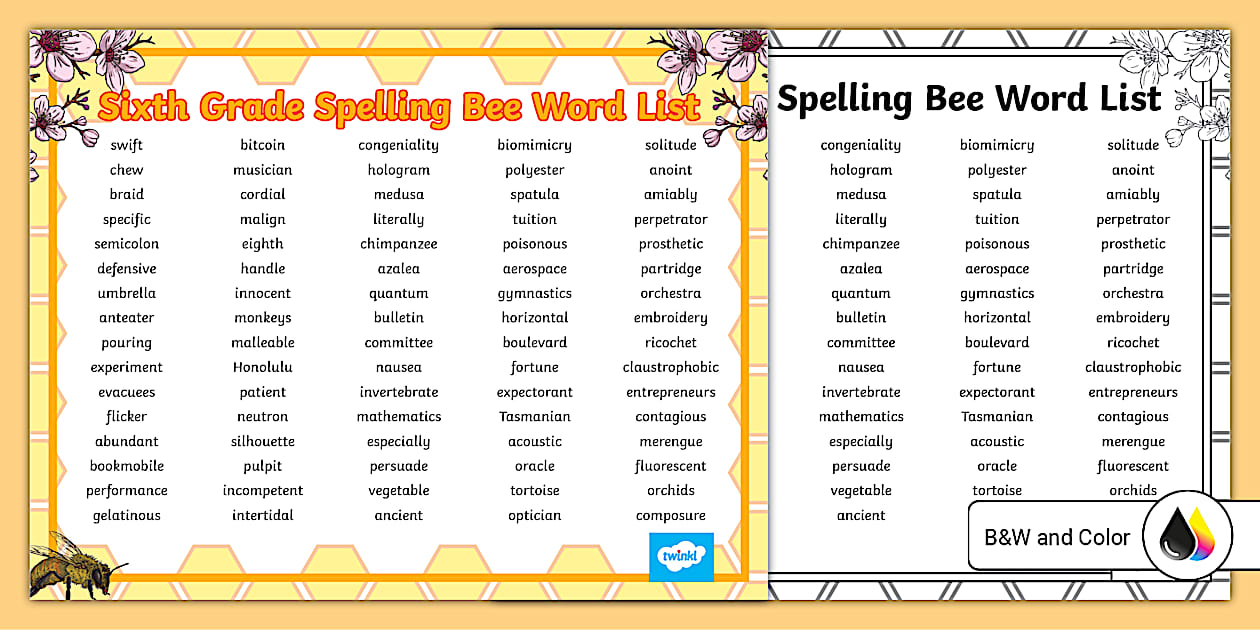 Sixth Grade Spelling Bee Word List - Twinkl